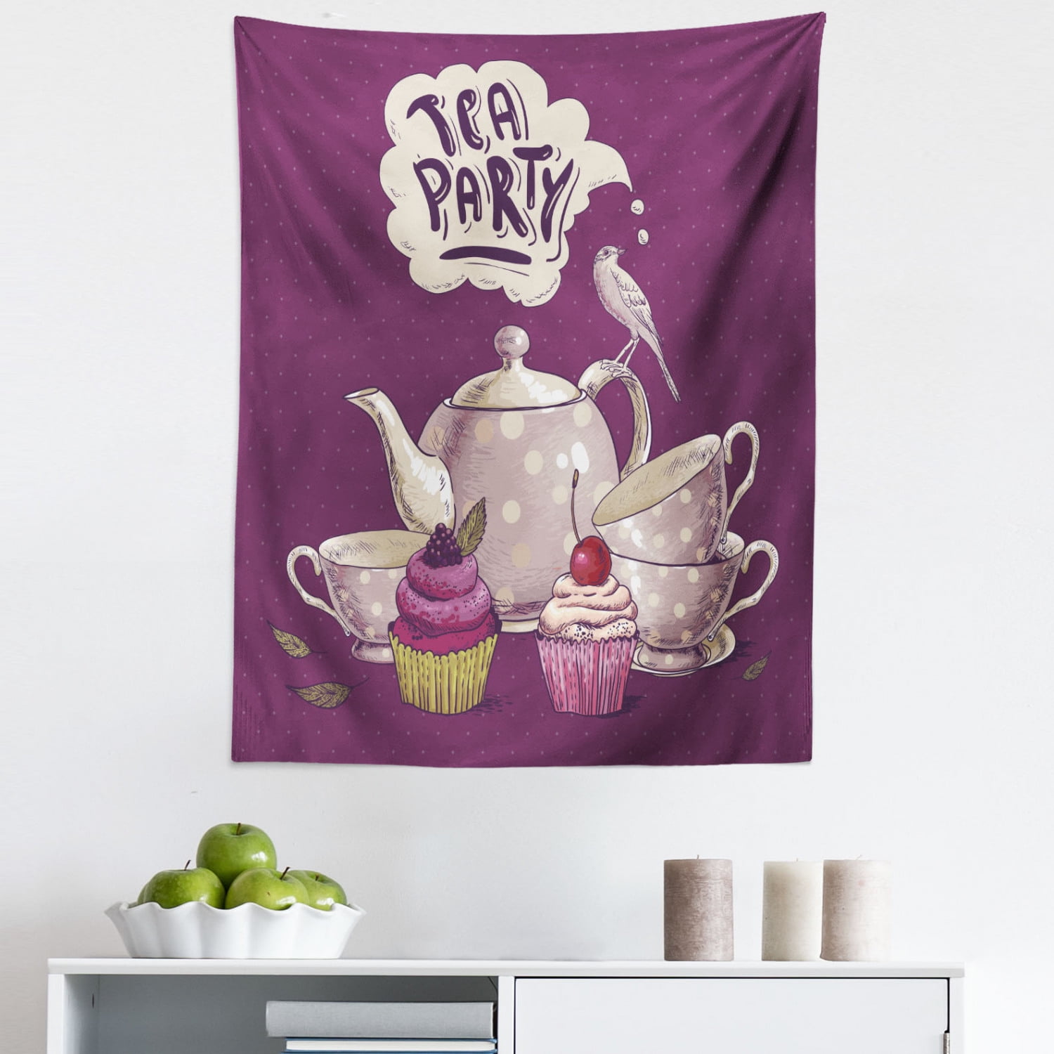 Tea Tapestry, Teatime with Porcelain Retro Antique Design with Cupcakes ...