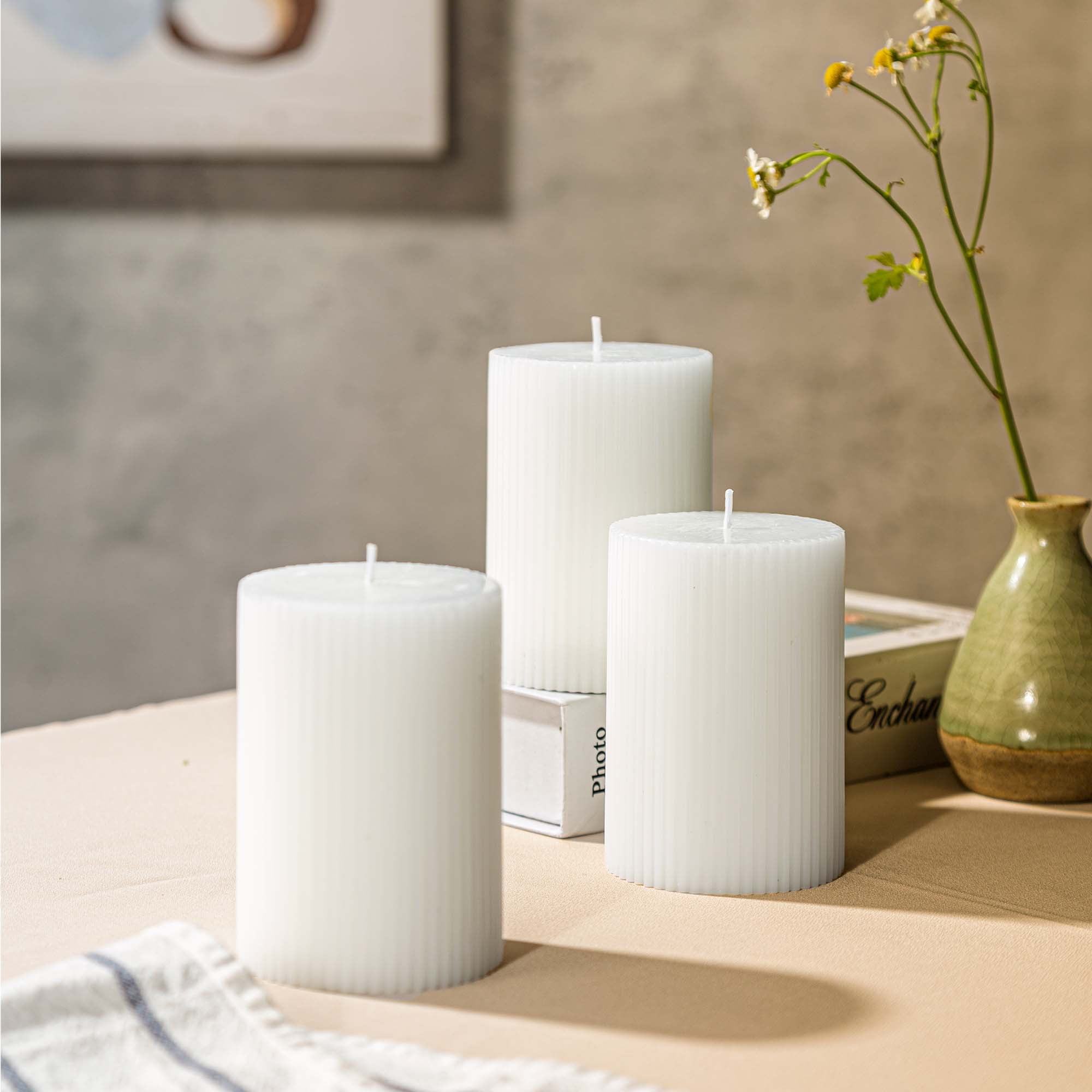 Pillar Candles 3x4'' Fluted Ribbed Column Modern Home Décor Handmade (3 ...