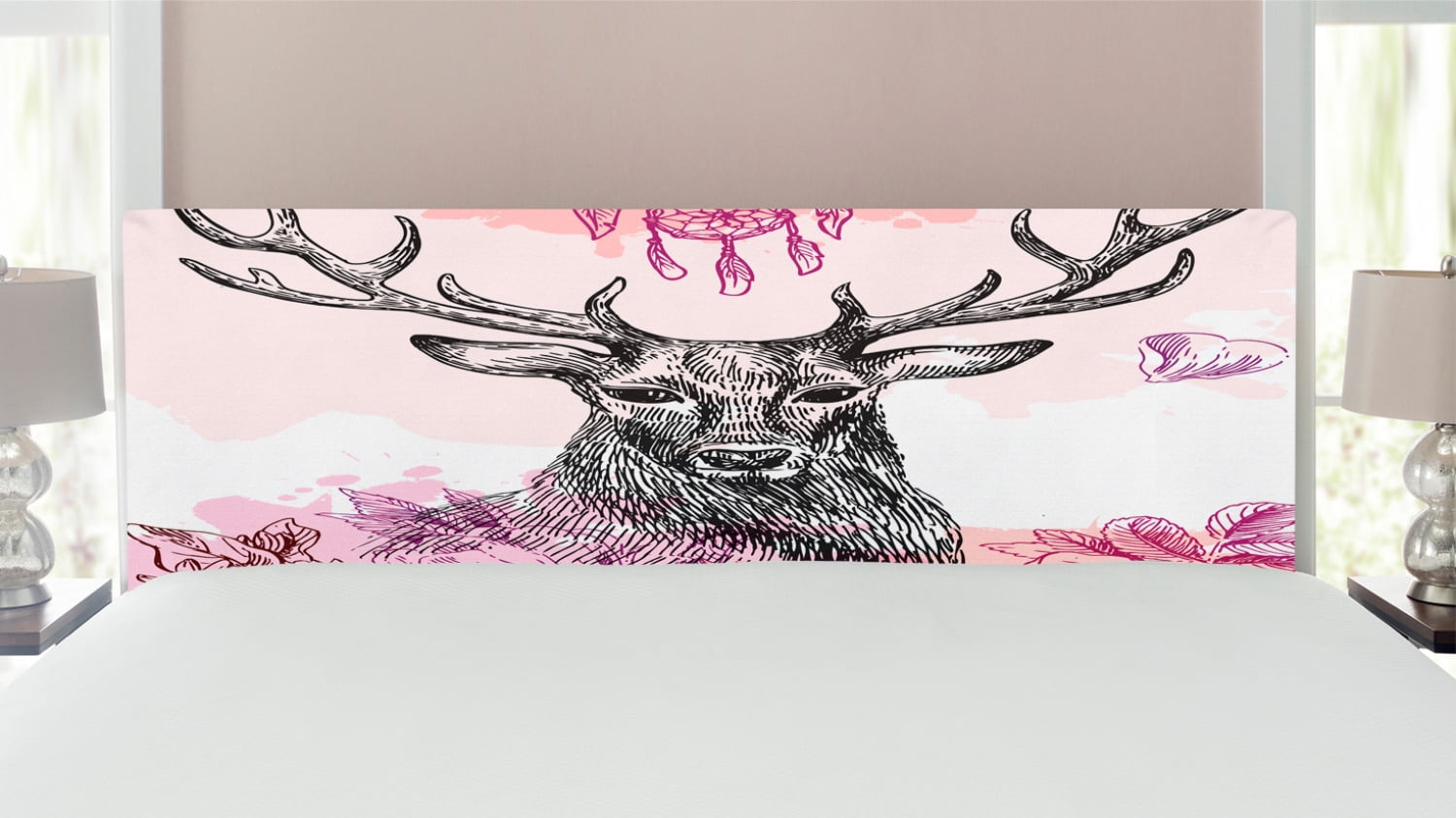 Deer Headboard, Sketch of Deer with Flowers Leaves and Dream Catcher ...