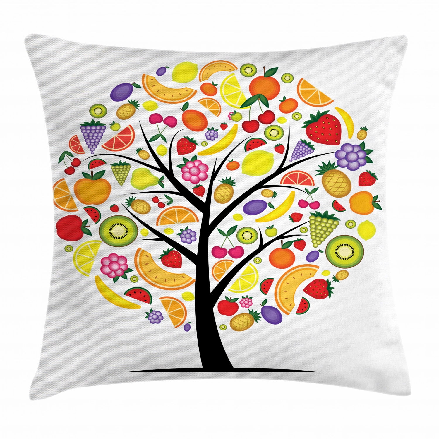 Fruit Throw Pillow Cushion Cover, Colorful Fruit Tree Silhouette with a ...