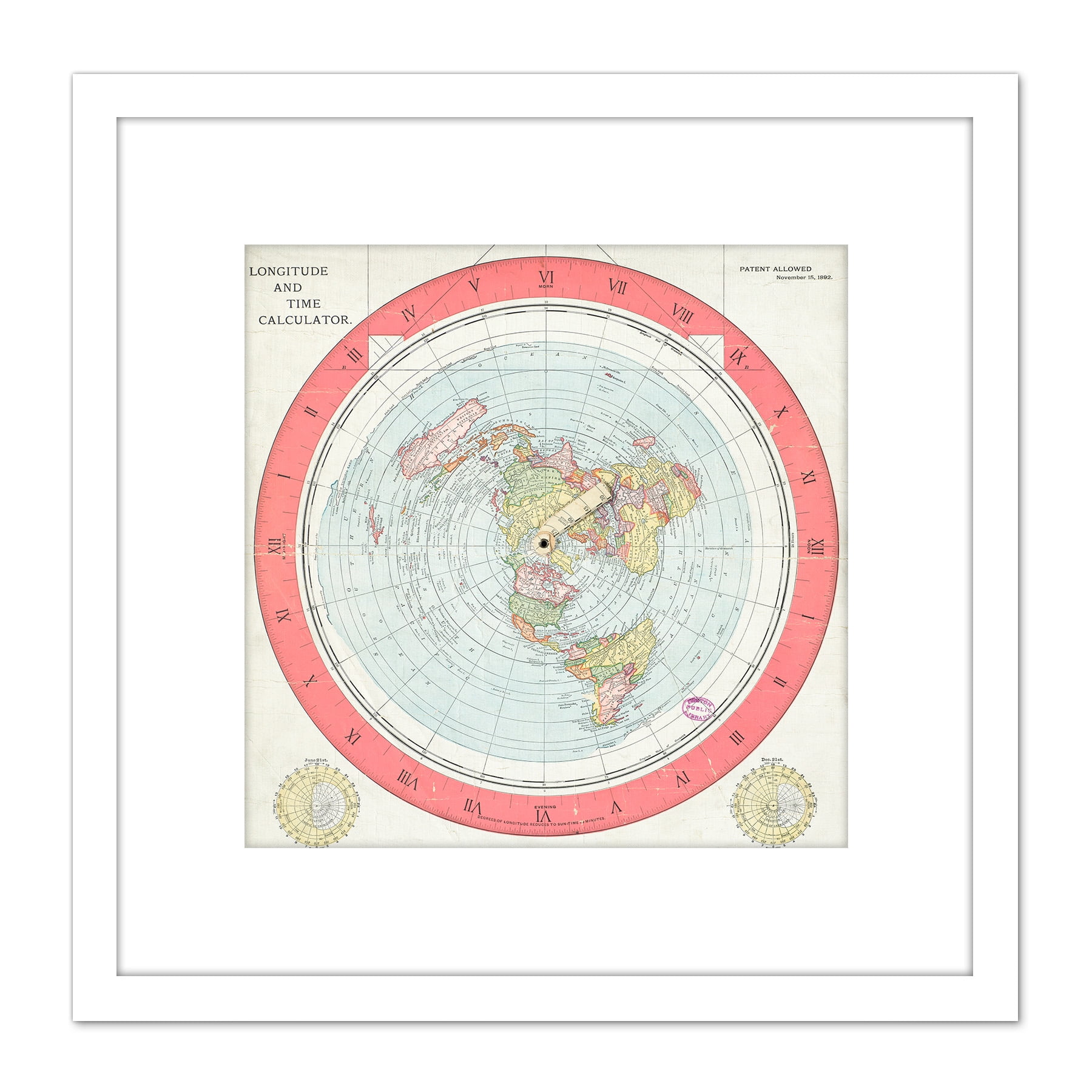 Map Gleason 1892 World Time Calculator Flat Earth 8X8 Inch Square ...