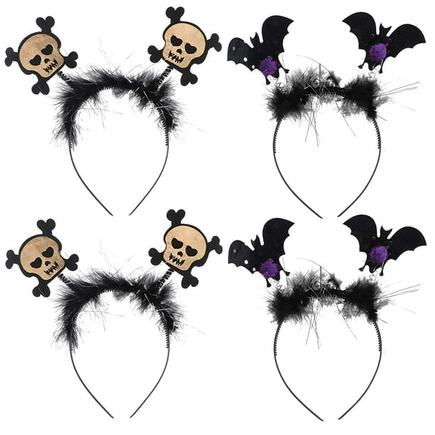 4Pcs Halloween Skull Bat Headbands Feather Bat Skeleton Head Boppers ...