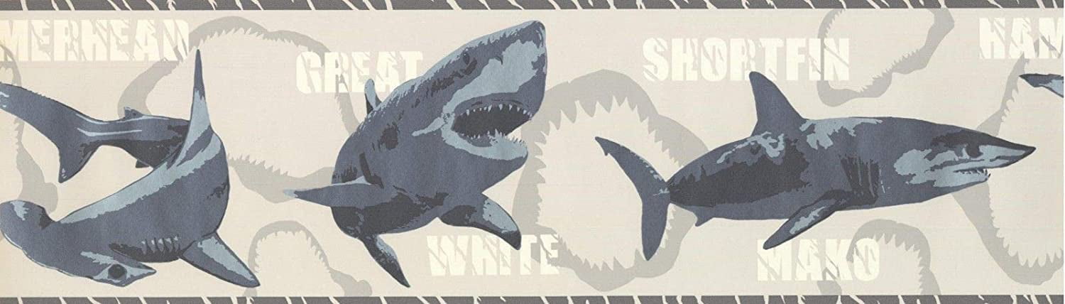 Concord Wallcoverings Wallpaper Border Featuring Various Sharks - Great ...
