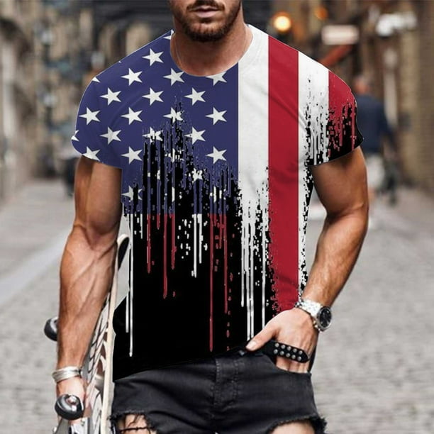 cllios 4th of July Shirts Men Patriotic Red White and Blue Graphic Tees Slim-fit Crewneck Top ...
