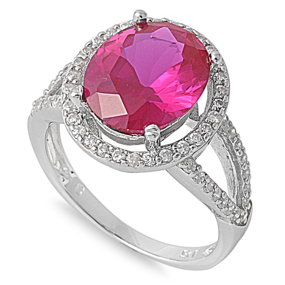 Floating Oval Center Simulated Ruby Cubic Zirconia Ring Sterling Silver ...