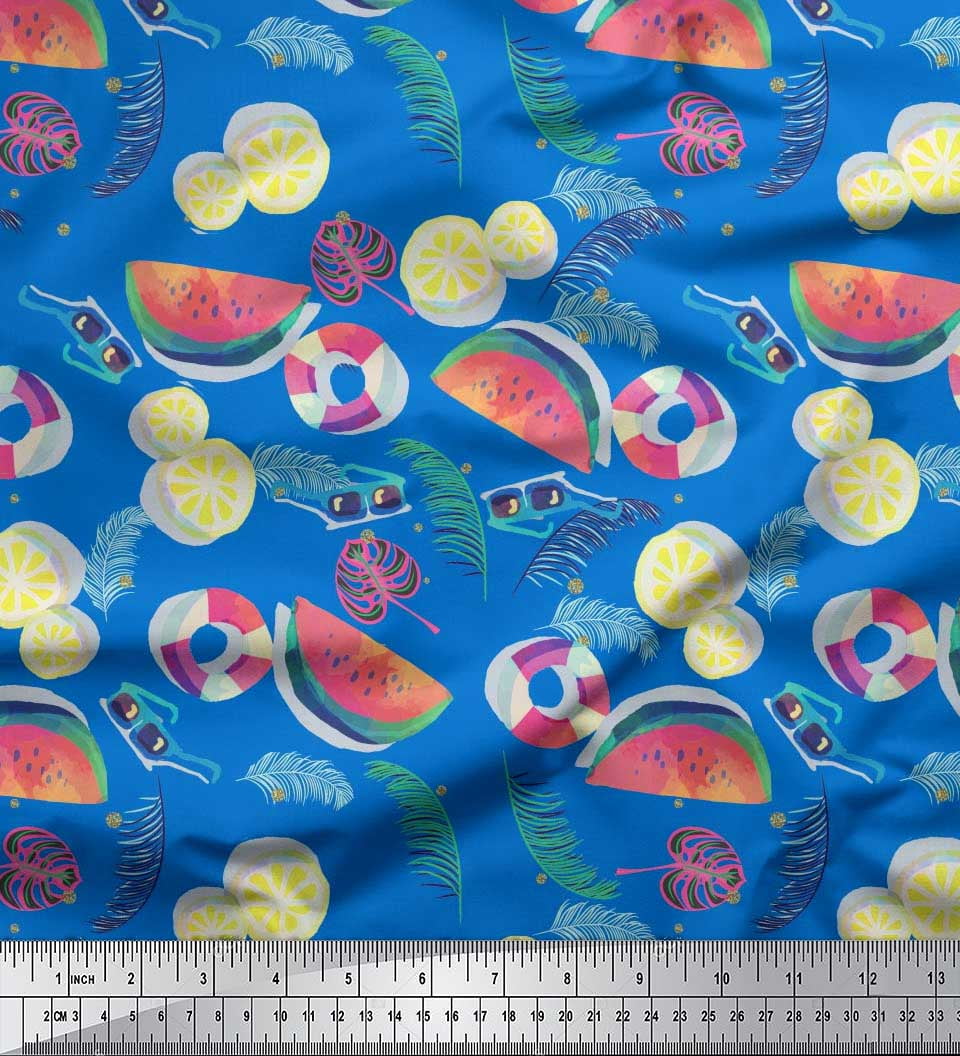 Soimoi Polyester Crepe Fabric Fruits,Swim Ring & Goggles Summer Designs ...
