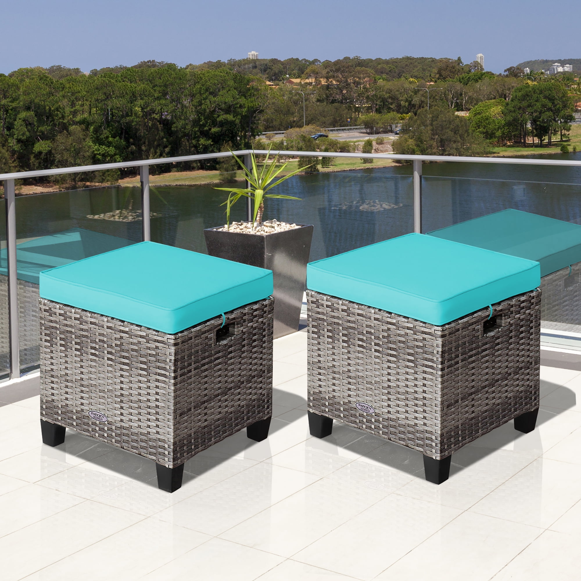 Costway 2PCS Patio Rattan Cushioned Ottoman Seat Foot Rest ...