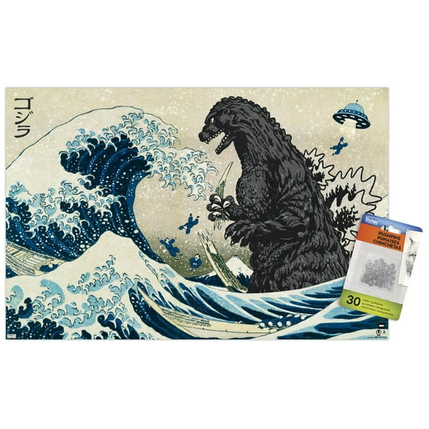 Godzilla - Great Wave Wall Poster with Push Pins, 14.725" x 22.375 ...