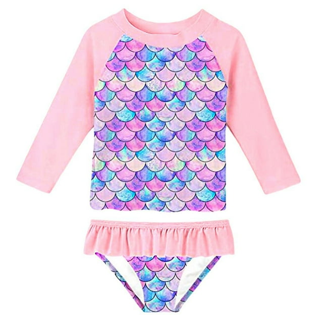 Little Girls 2-Piece Swimsuit Set Long Sleeve Rash Guard Bathing Suit ...