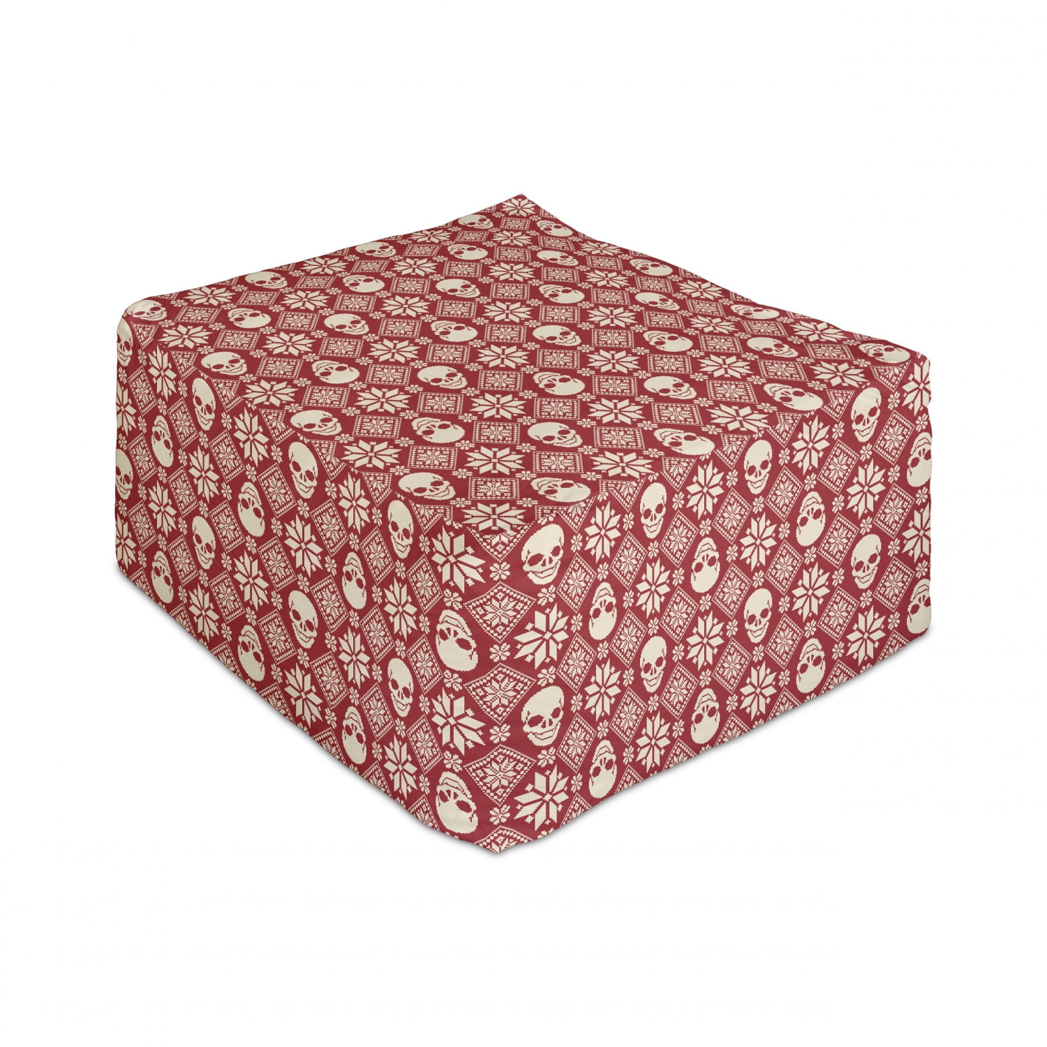 Nordic Rectangle Pouf, Nordic Stitch Skull Pattern with Snowflakes and ...