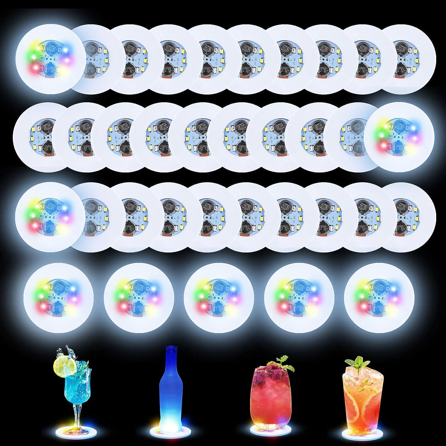 LINLIN 35 Pack LED Coaster, LED Stickers Light Up Bar Drinking Coasters ...