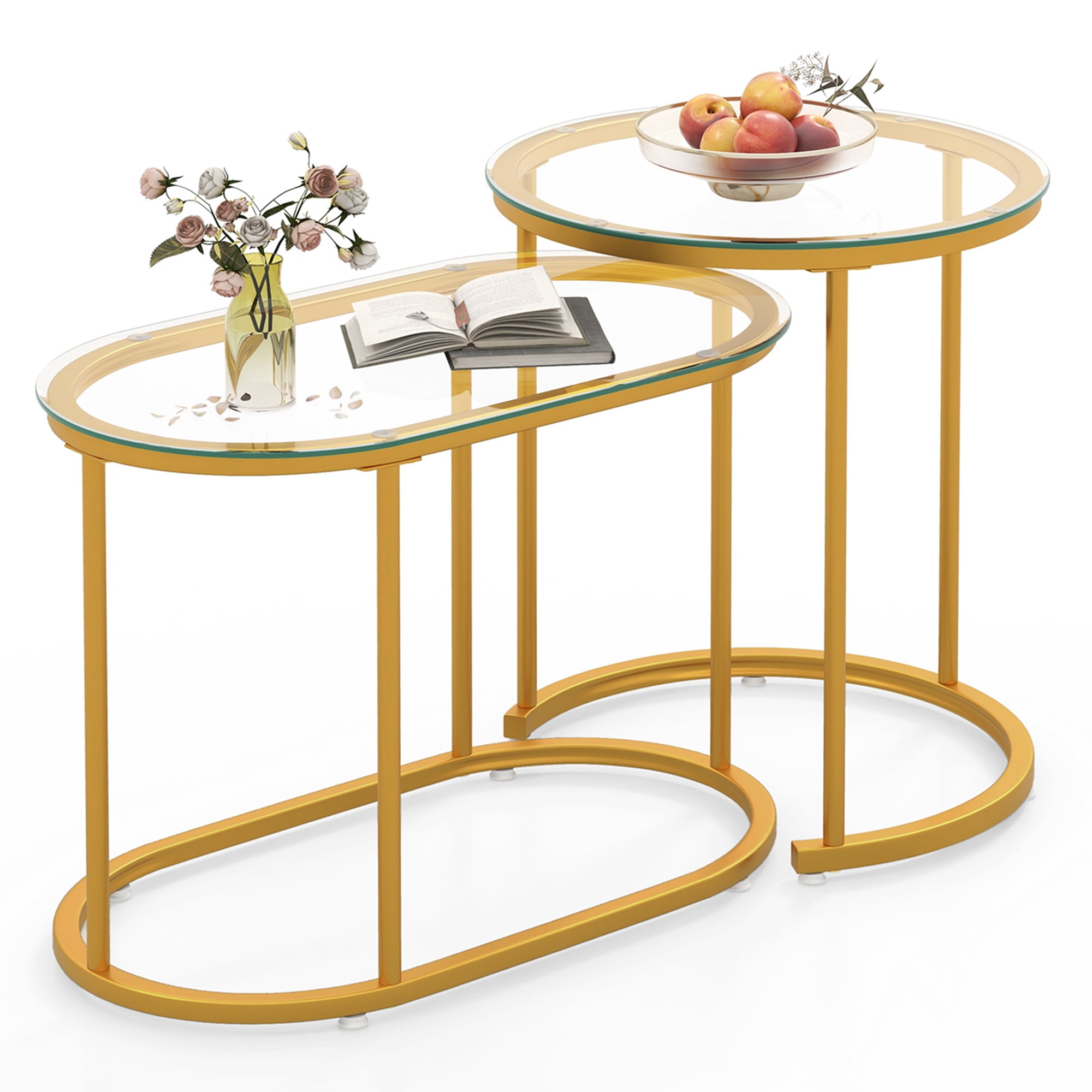 Costway Nesting Coffee Table Set of 2 with Tempered Glass Tabletop ...