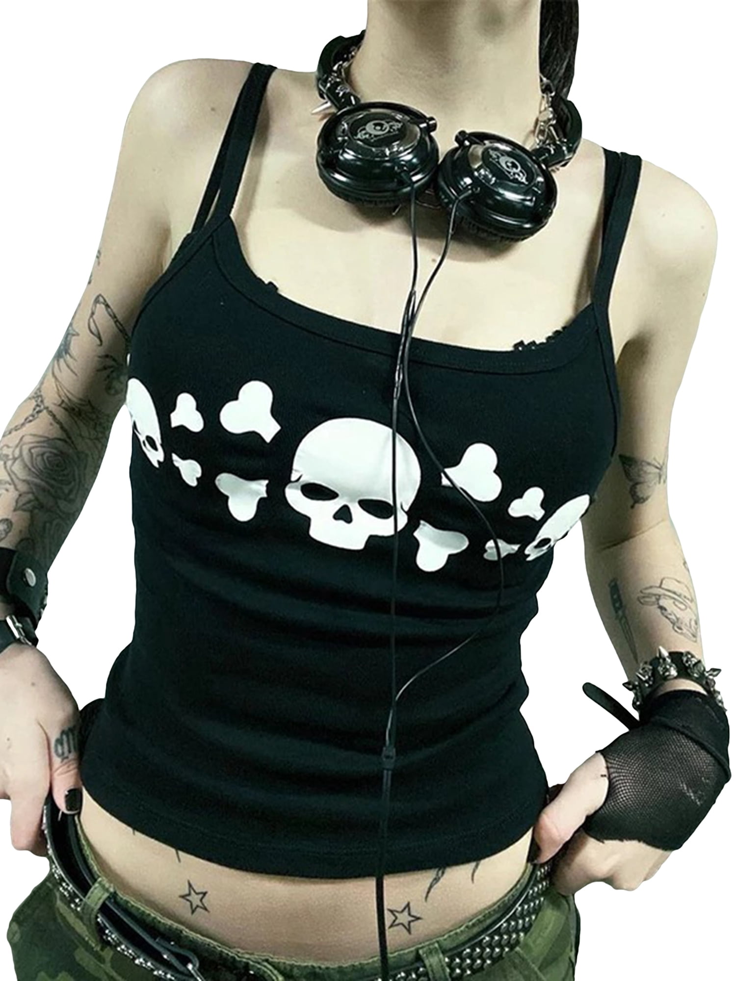 Diconna Women Goth Tank Tops Vintage Skull Print Backless Low Cut ...