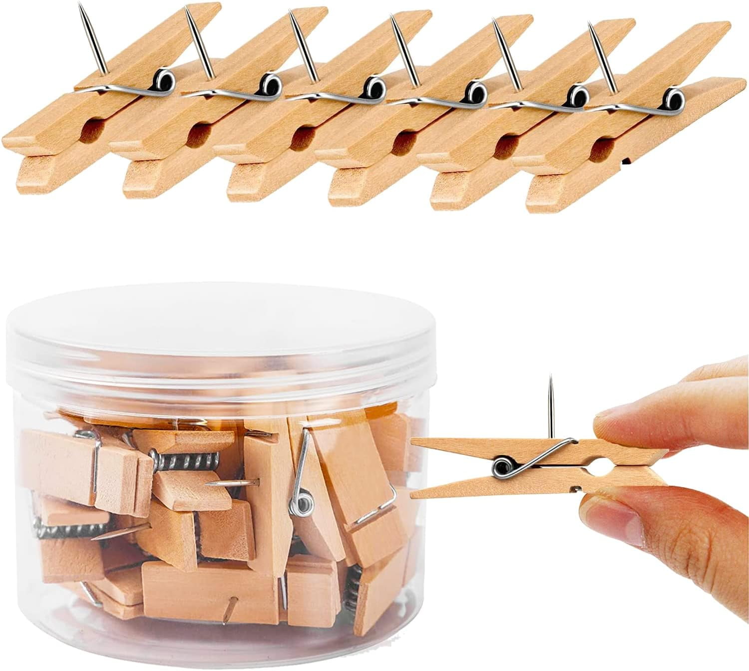 Tutuviw Push Pin Clips 50 pcs Wooden ClipsTacks Push Pins Clothes pins ...