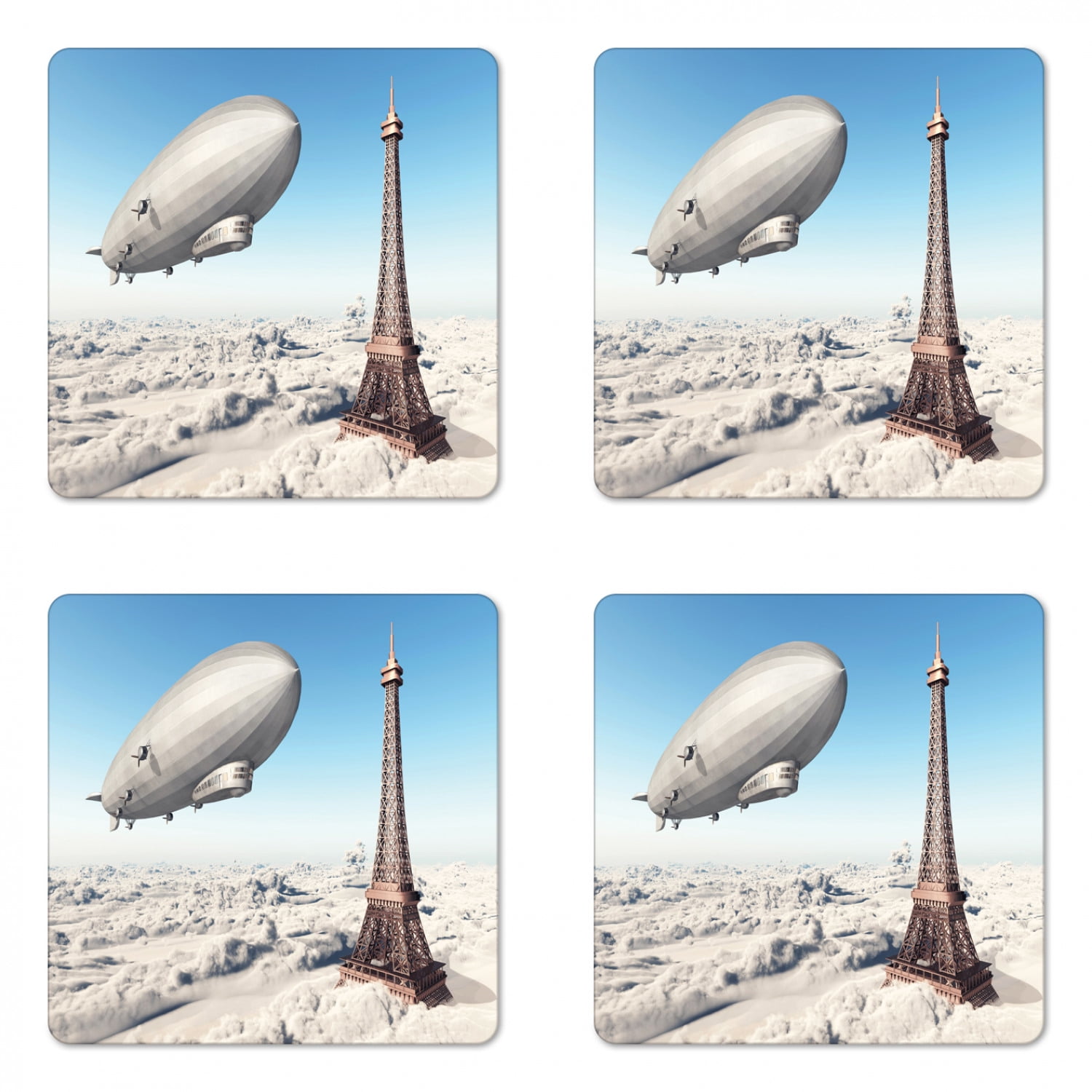 Paris Coaster Set of 4, Zeppelin and Eiffel Tower over Clouds Sky ...
