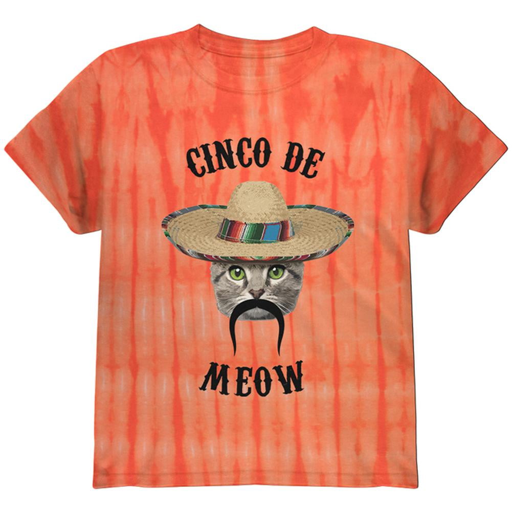 Funny Cat Cinco De Mayo Meow Youth T Shirt Bamboo Orange Tie Dye Ylg