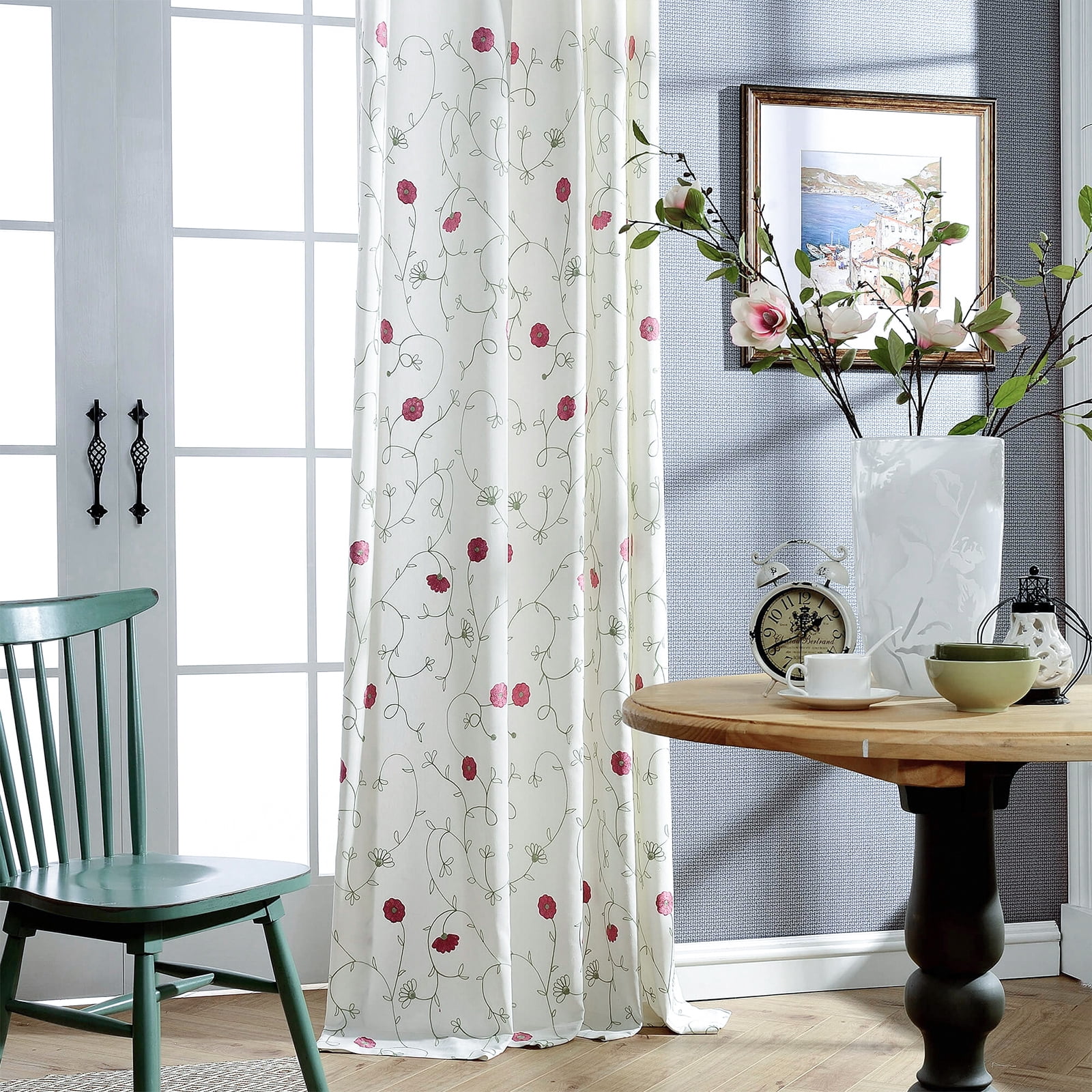 Red Floral Pattern Embroidered Curtains, Light Filtering Elegant Faux ...