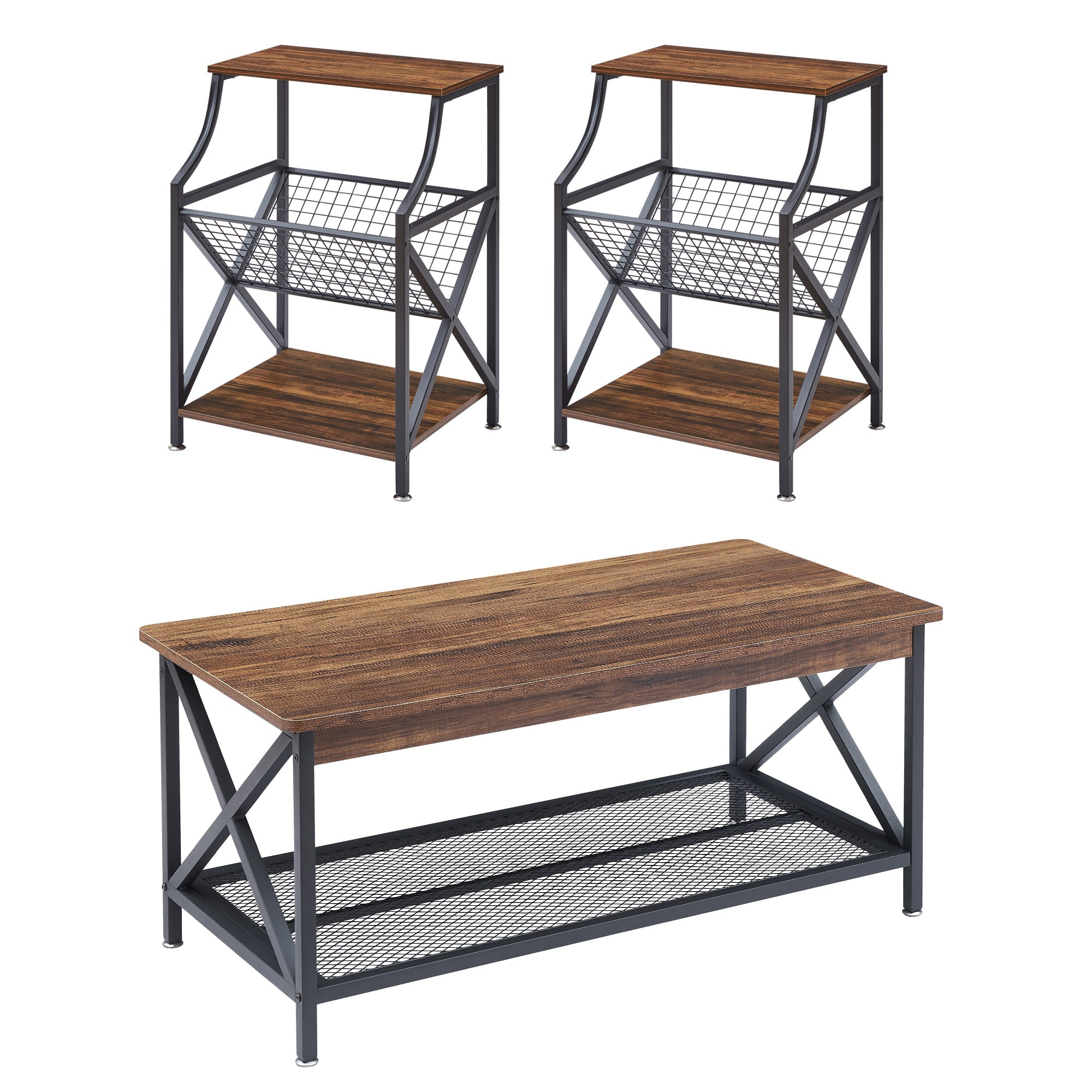 VECELO 3-Piece Coffee Table Set with Coffee Table and 2 End Side Tables ...