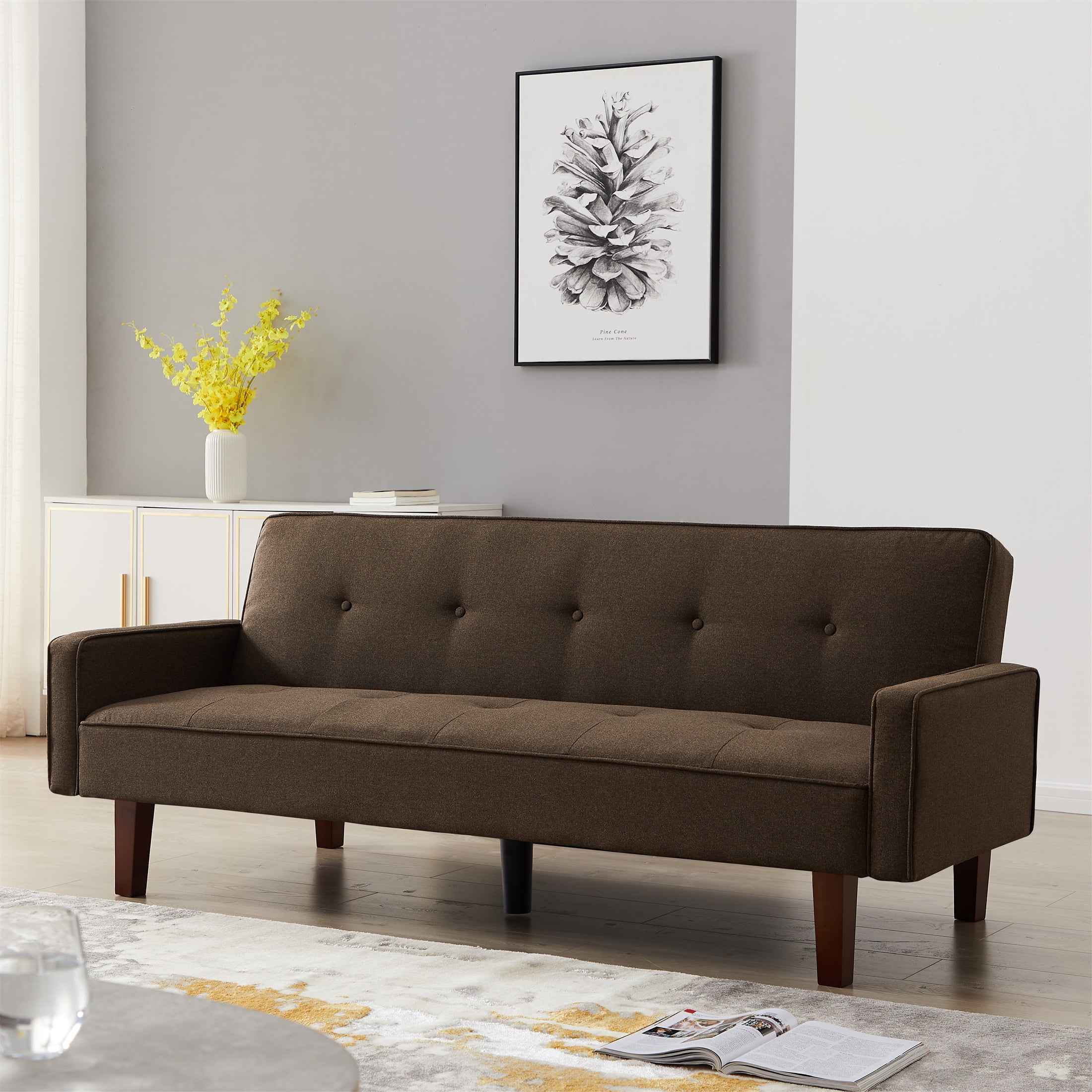 Aukfa Linen Square Arm Futon Convertible Sofa Bed for Home Office ...