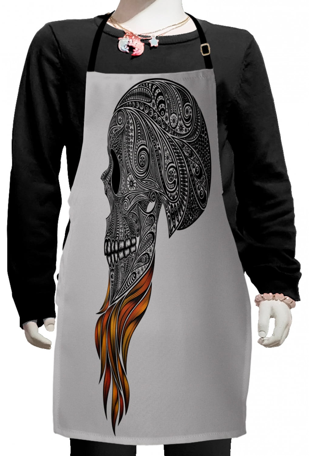 Indie Kids Apron, Abstract Skull with Floral Ornaments and Red Beard ...