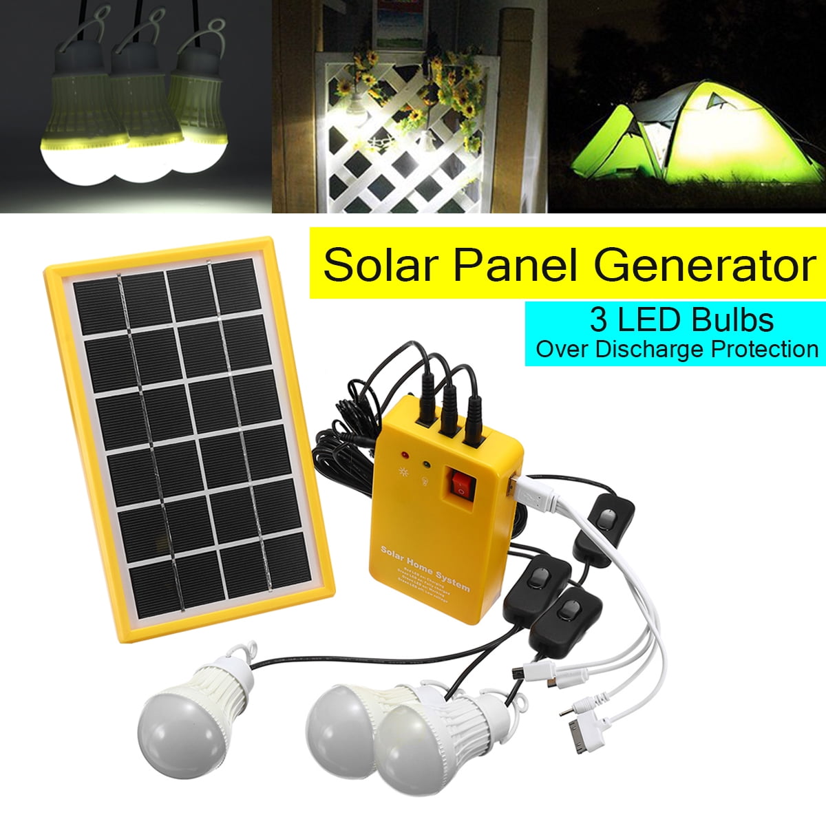 Outdoor Solar Powered Generator with 3 LED Light Bulbs LED Flashlight ...