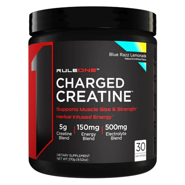 RULE 1 Charged Creatine 30 serv Blue Razz Lemonade Energized Creatine ...