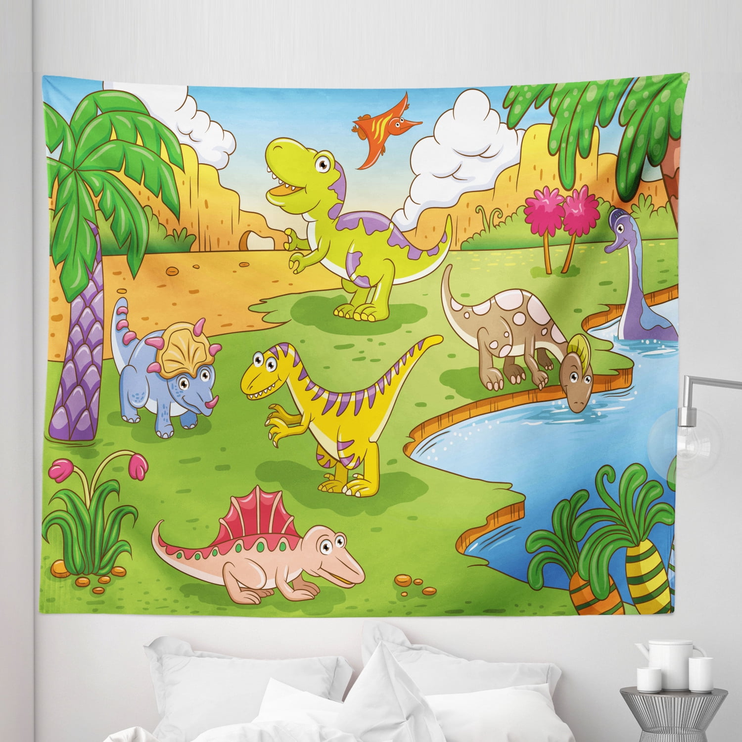 Cartoon Tapestry, Style Animals in Prehistoric Scene Meadow Trees and ...