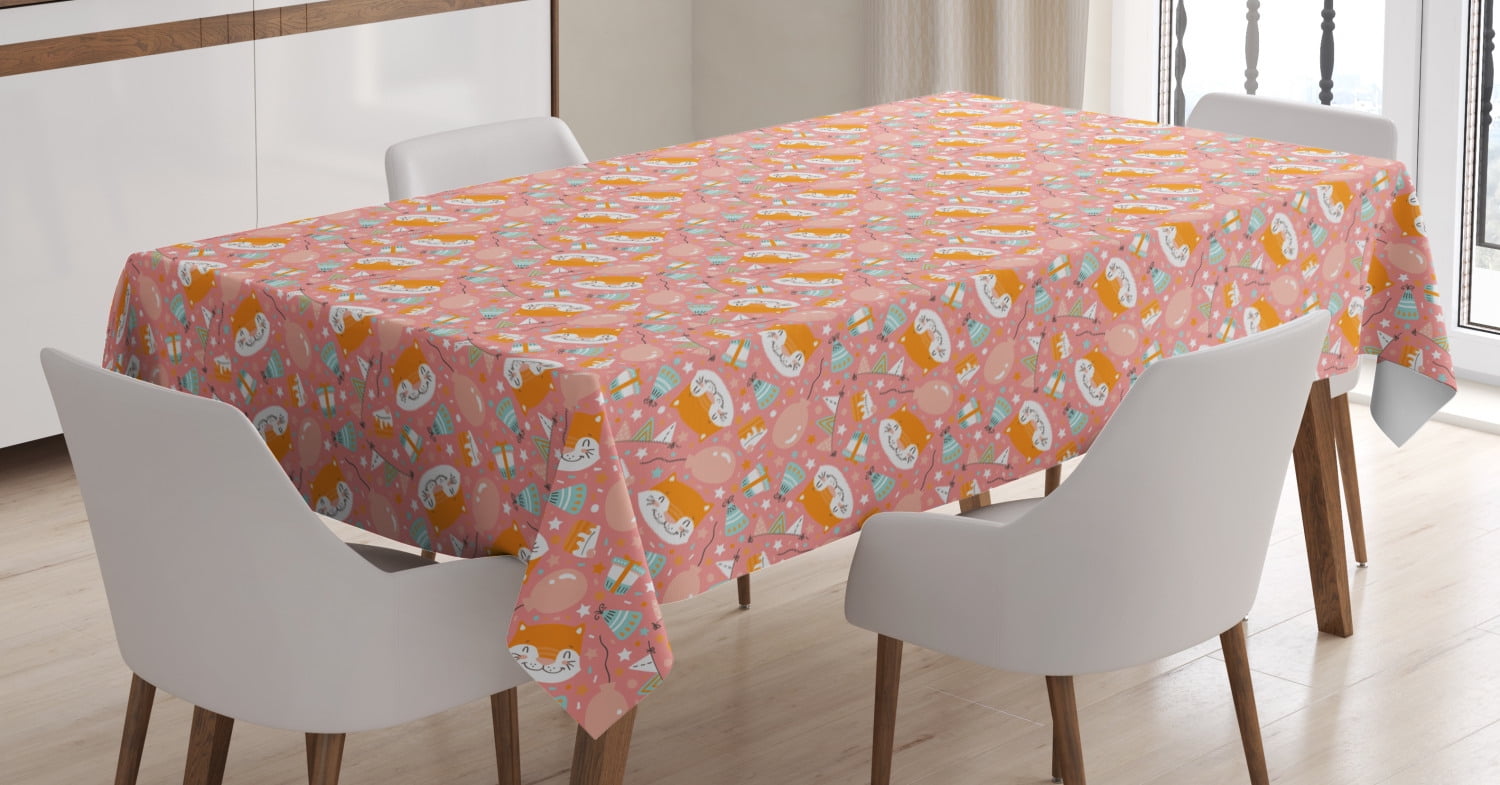 Cat Tablecloth, Birthday Party Theme with Cake Cartoon Feline Portrait ...
