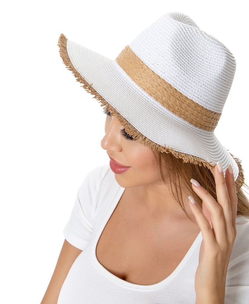 Raw Edged Wide Brim Teardrop Crown Straw Hat 2-Toned Distressed White ...