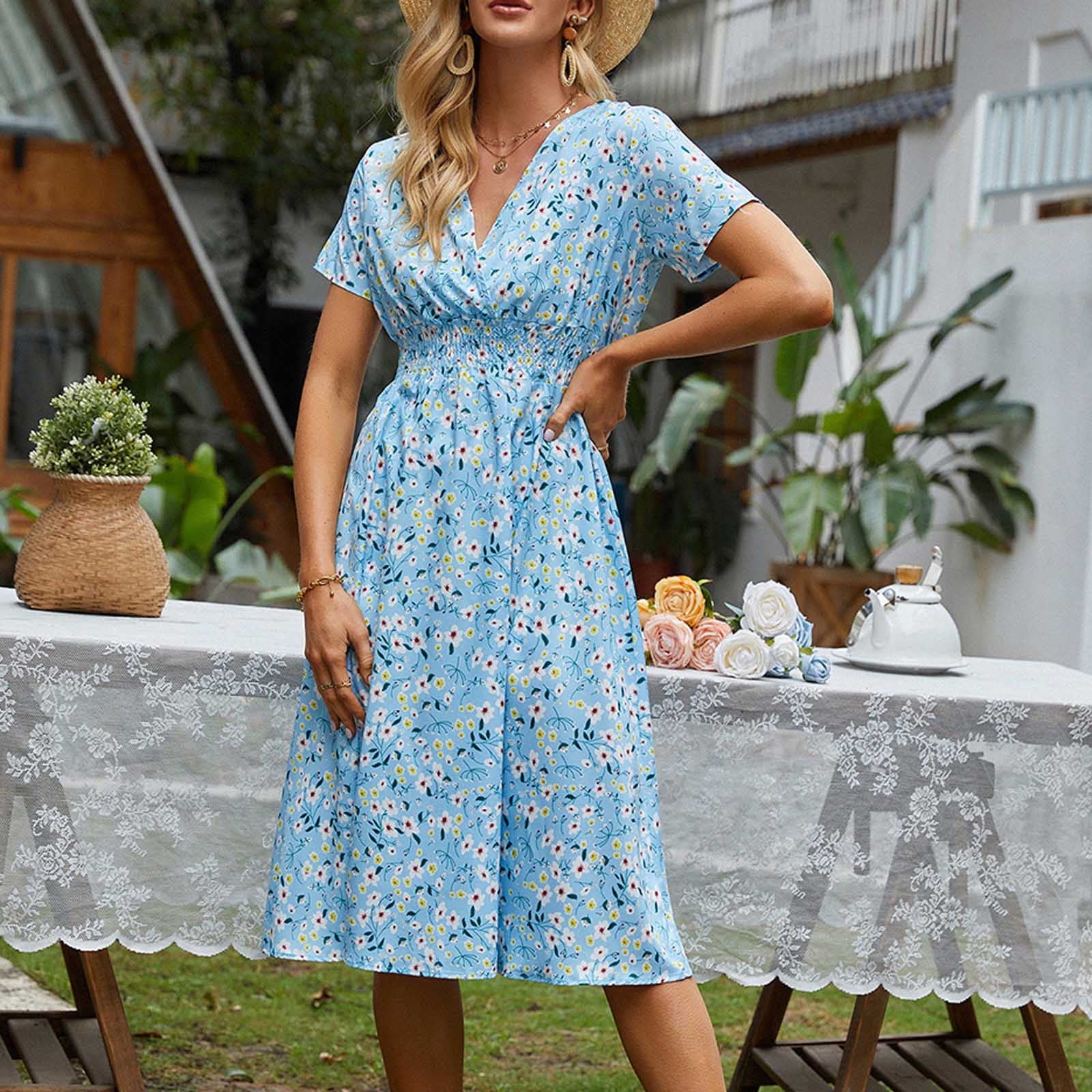 Click here for Cehvom Women Summer Casual Short Sleeve V-Neck Flo... prices