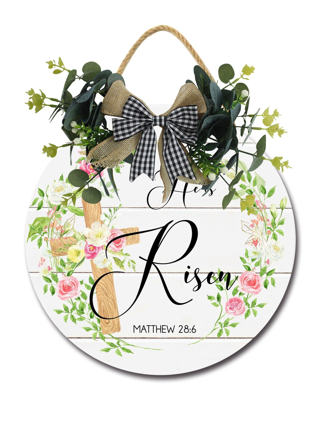 Eveokoki He Is Risen Sign Front Door Porch Decorations, Round Rustic ...