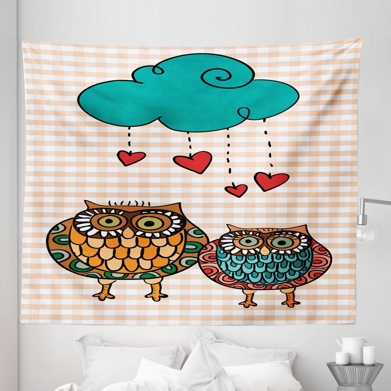 Owl Tapestry, Bird Couple in Love Rain Clouds Design Art Ornamental ...