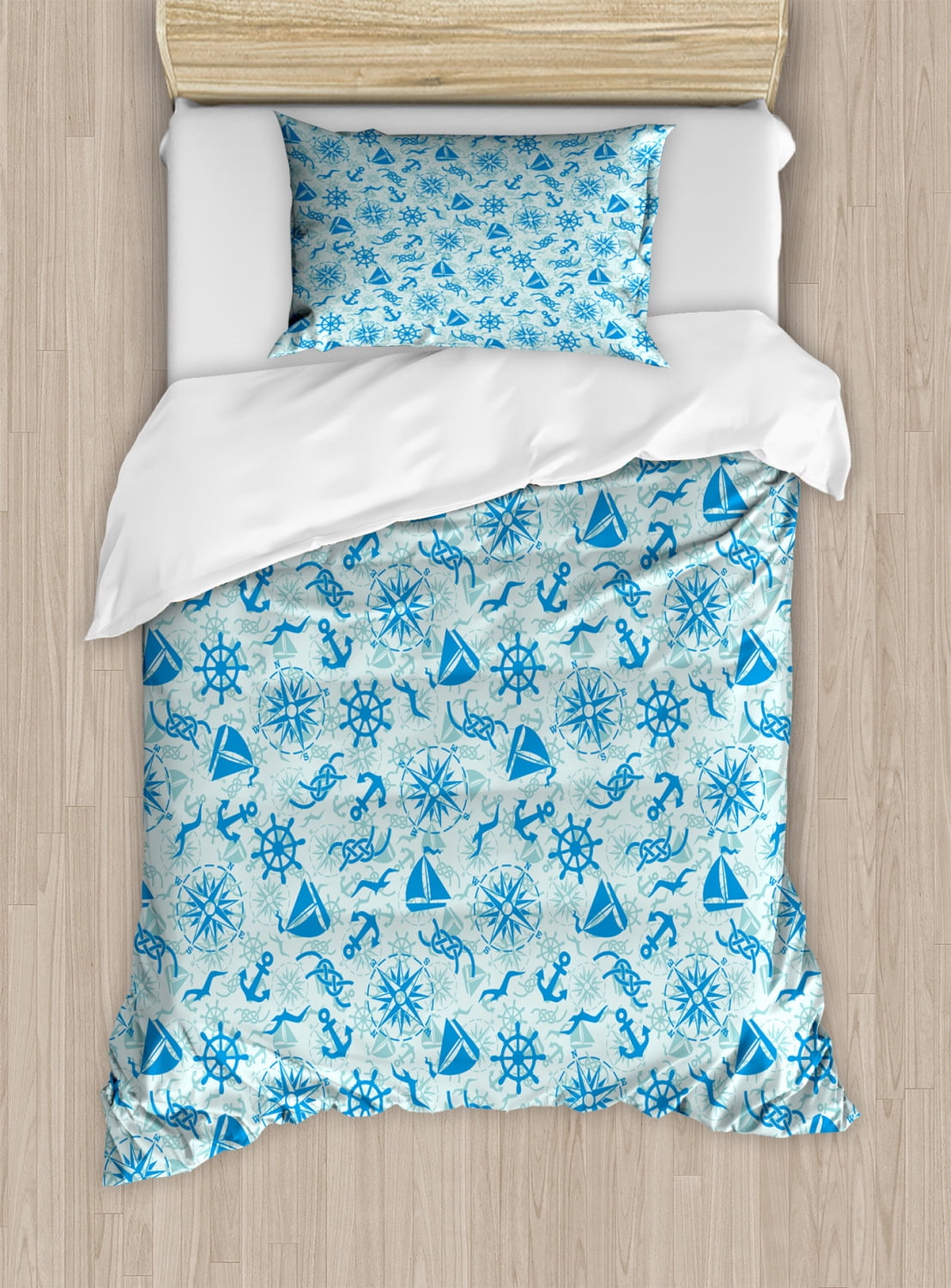 Compass Duvet Cover Set Twin Size, Various Nautical Icons with Seagulls ...