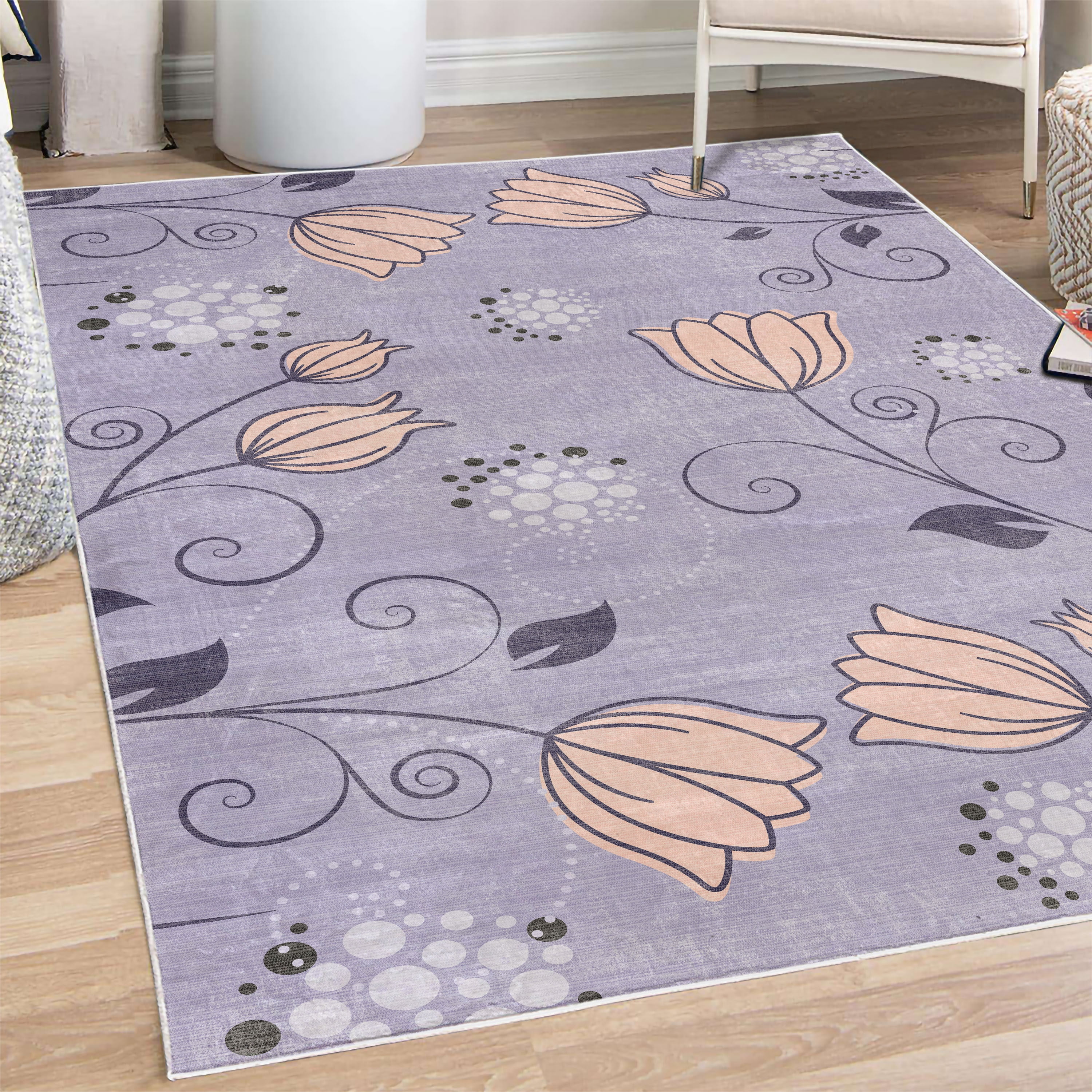 Floral Decorative Rug, Dutch Tulip Ottoman Flowers with Leaves Natural ...