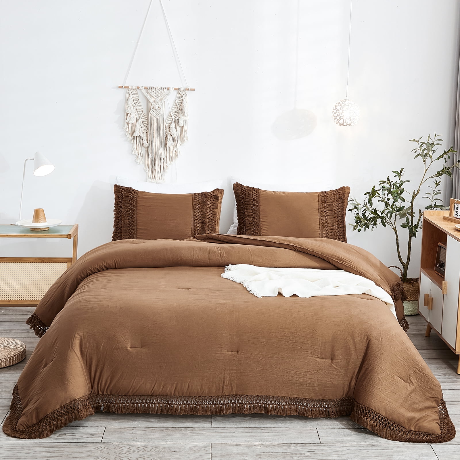 Move Over Brown Comforter Set Queen Macrame Tassel Bedding Set Coffee ...