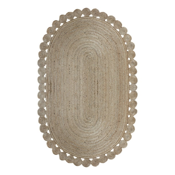 Handmade Scalloped Jute Area Rug Beige Oval Dining Room Rug Scalloped ...