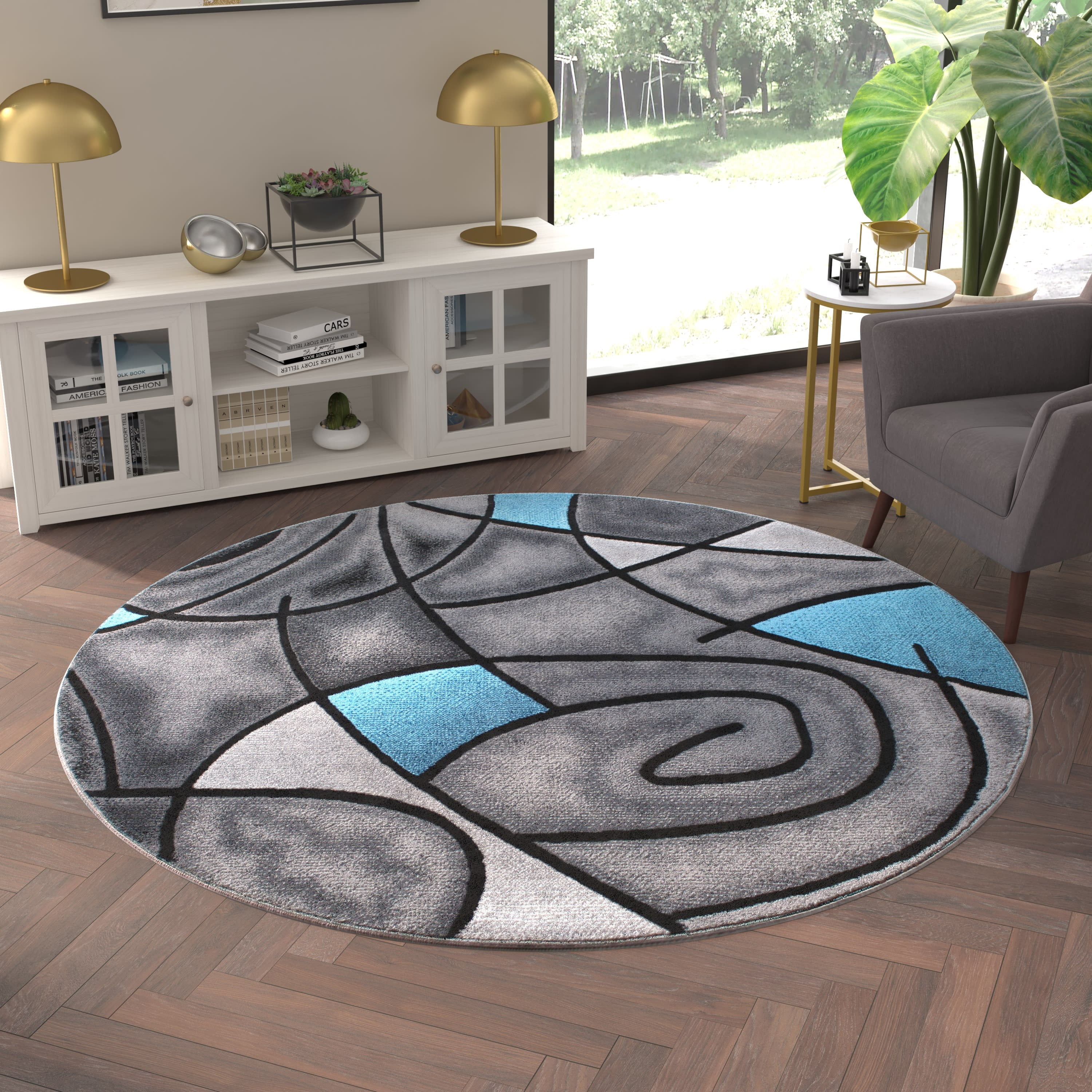 Emma + Oliver 7x7 Round Contemporary Abstract Geometric Olefin Accent ...