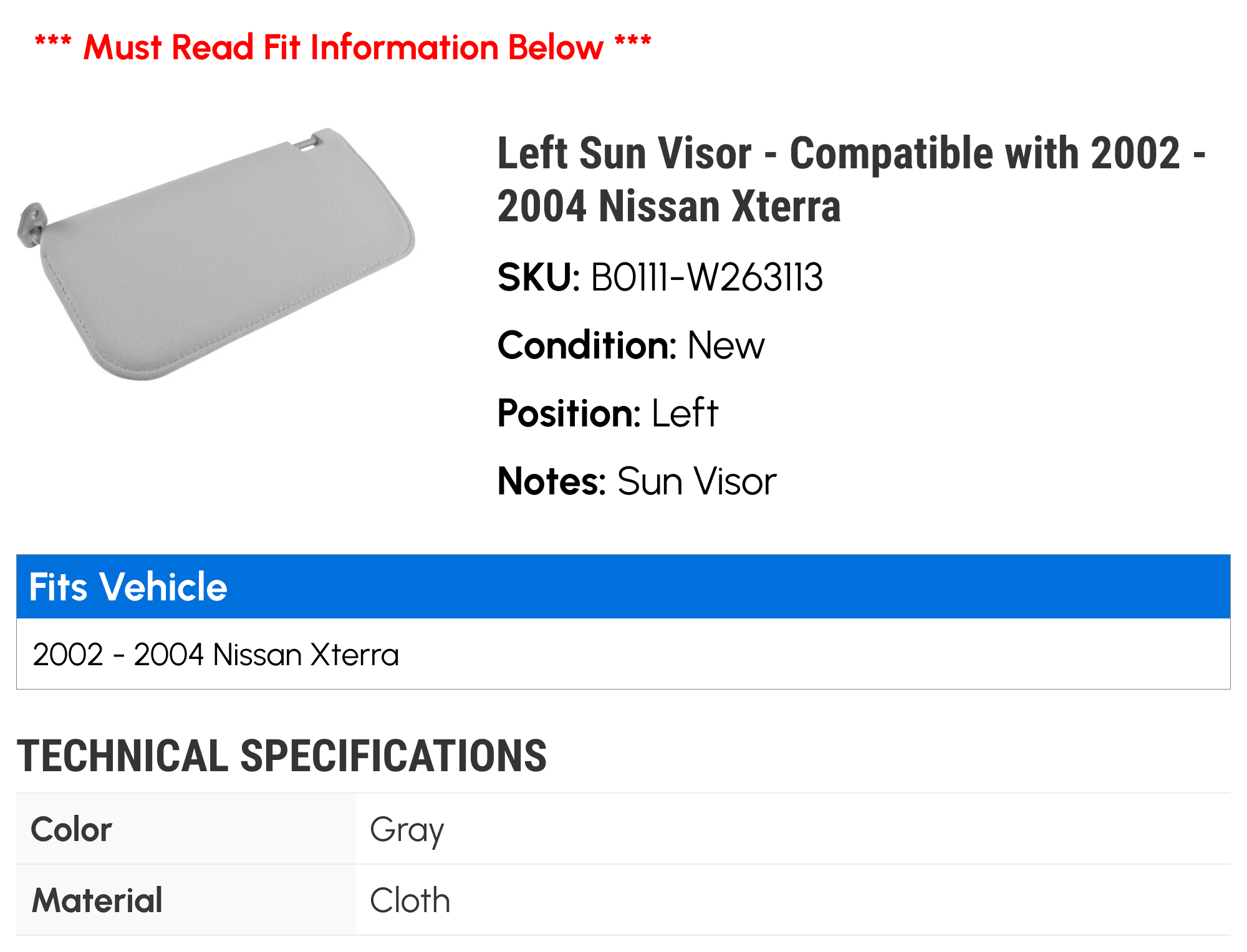 2003 nissan xterra sun visor store