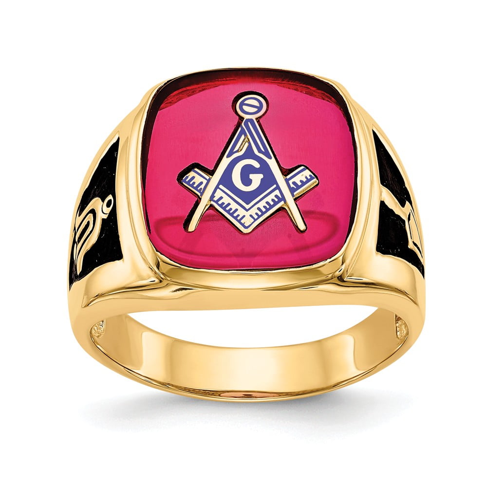 Solid 14k Yellow Gold Men's Synthetic Ruby Masonic Ring Band Size 9 ...
