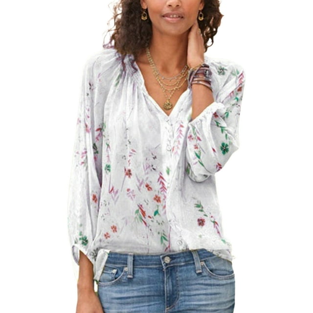 Frontwalk Women Boho V Neck Shirts Floral Print Casual Tops Women Long Sleeve Button Down Loose ...