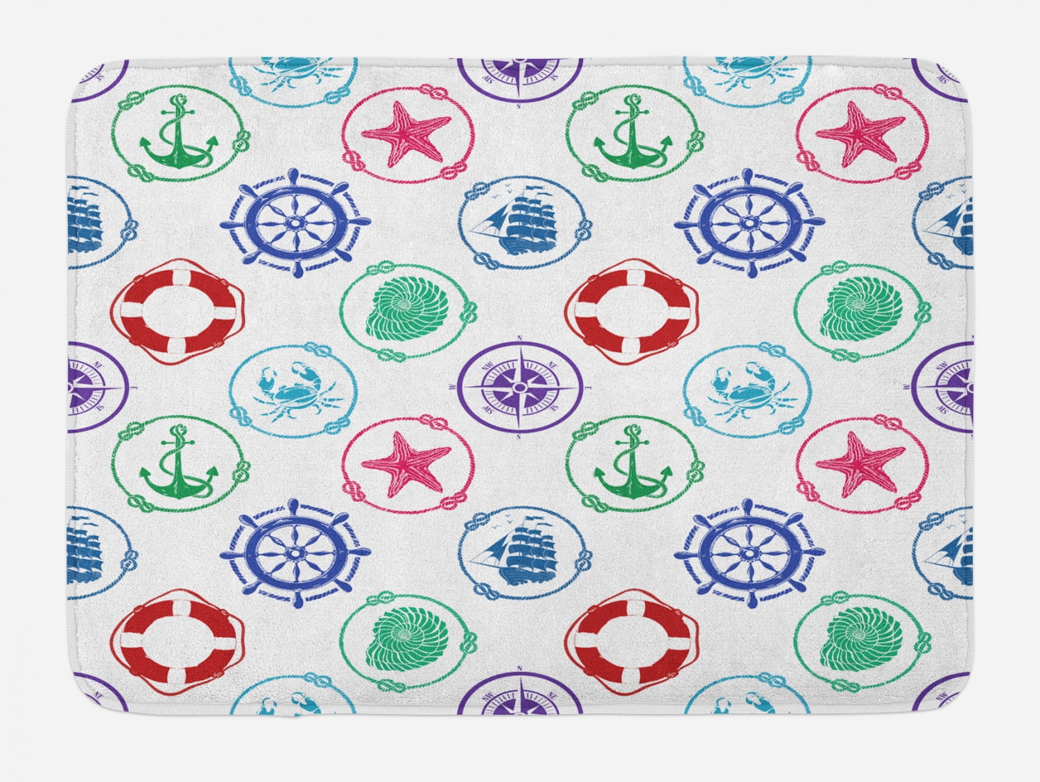 Ships Wheel Bath Mat, Marine Pattern with Anchor Wheel Compass Lifebuoy ...