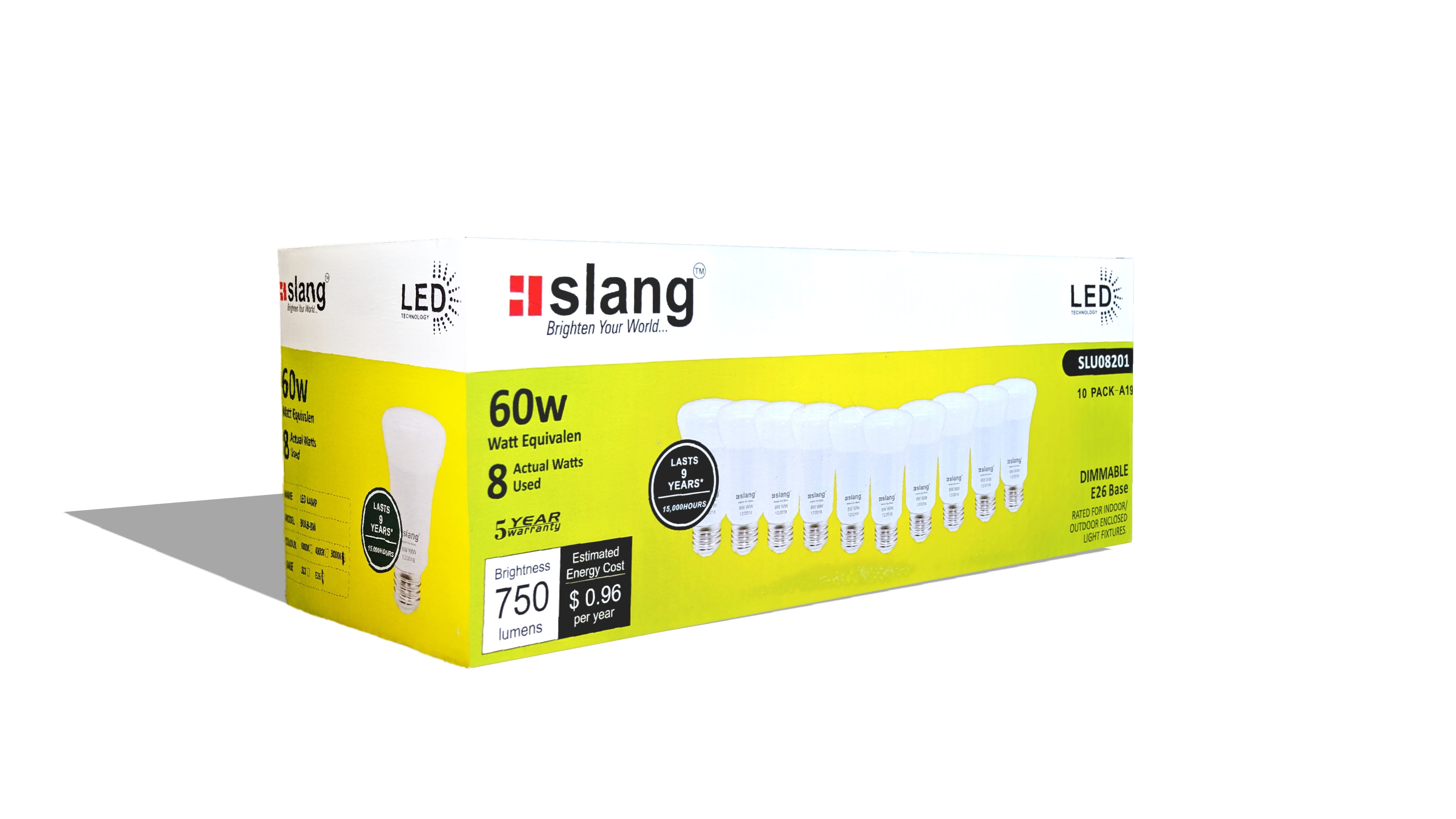 Slang Dimmable LED Bulb 8W (E26 Base)- Warm White (2700K) Pack of 10 ...