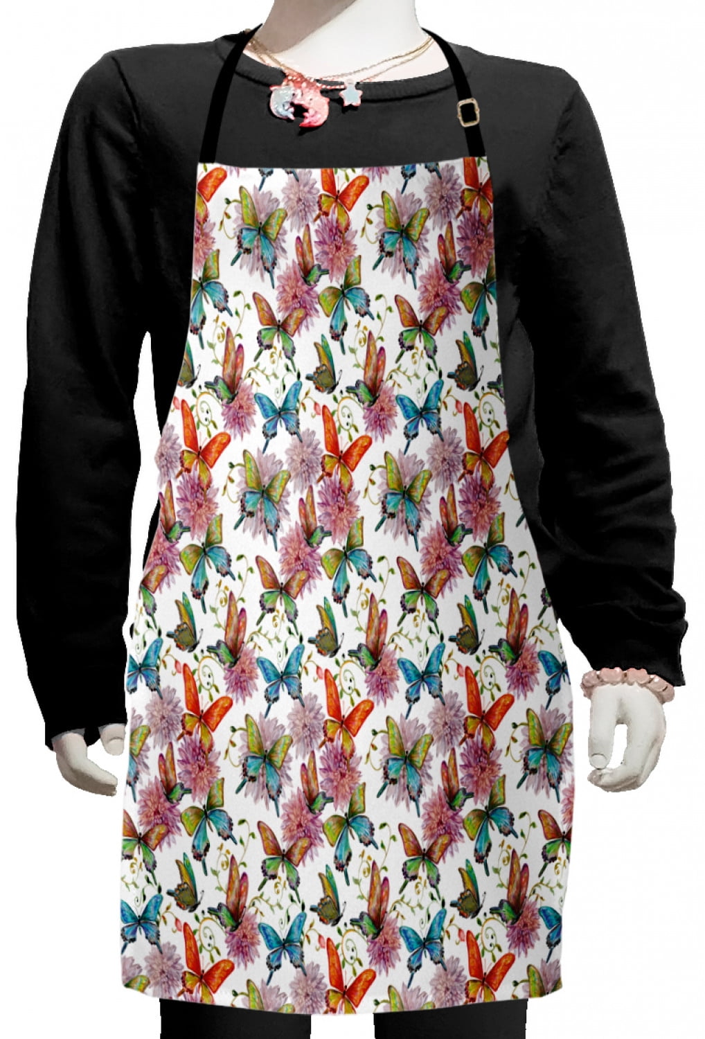 Butterfly Kids Apron, Flying Butterflies with Floral Elements Vivid ...