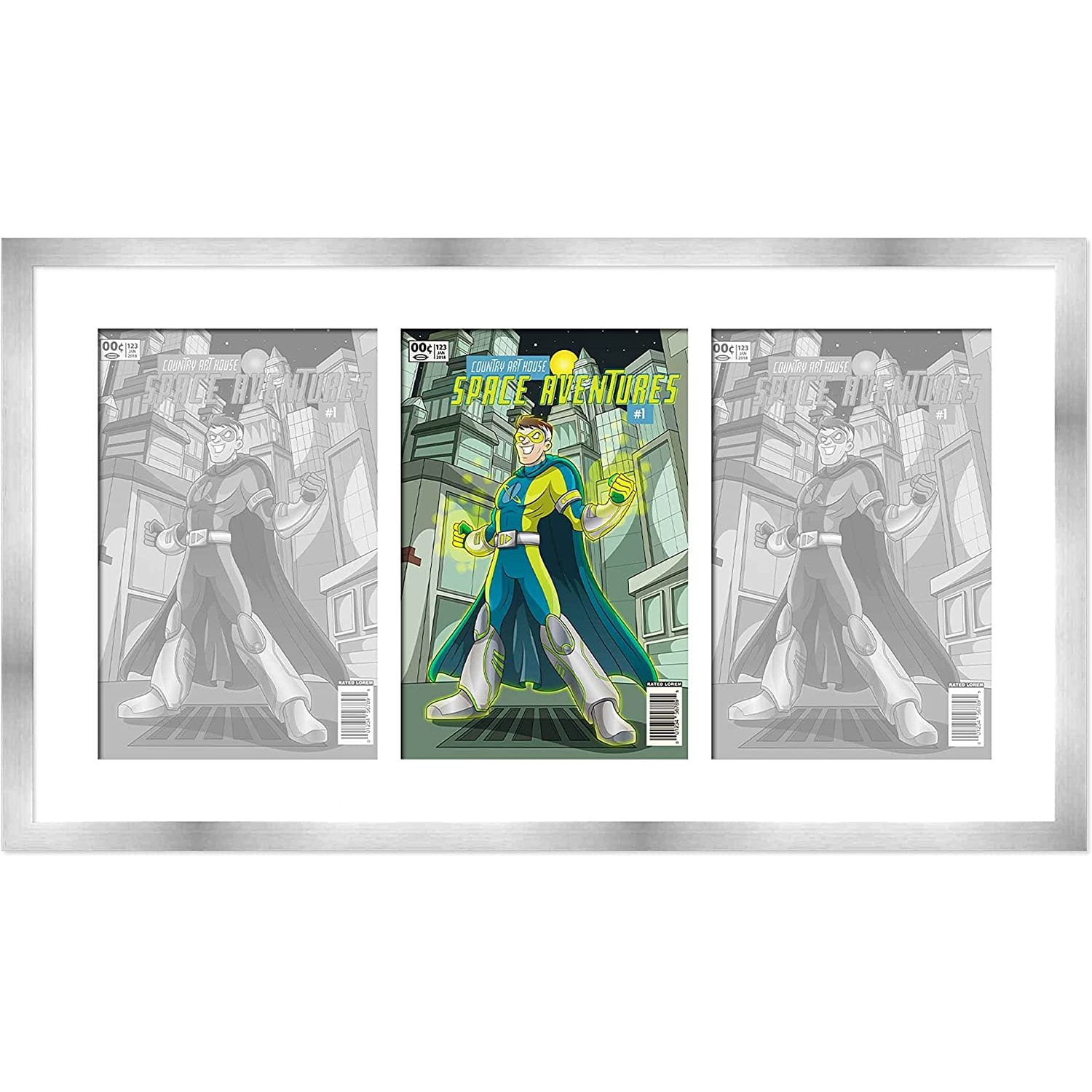 Bilot Silver Comic Book Frame with White Mat - 3 Openings to Display 3 6.875"x10.5" Current Era ...