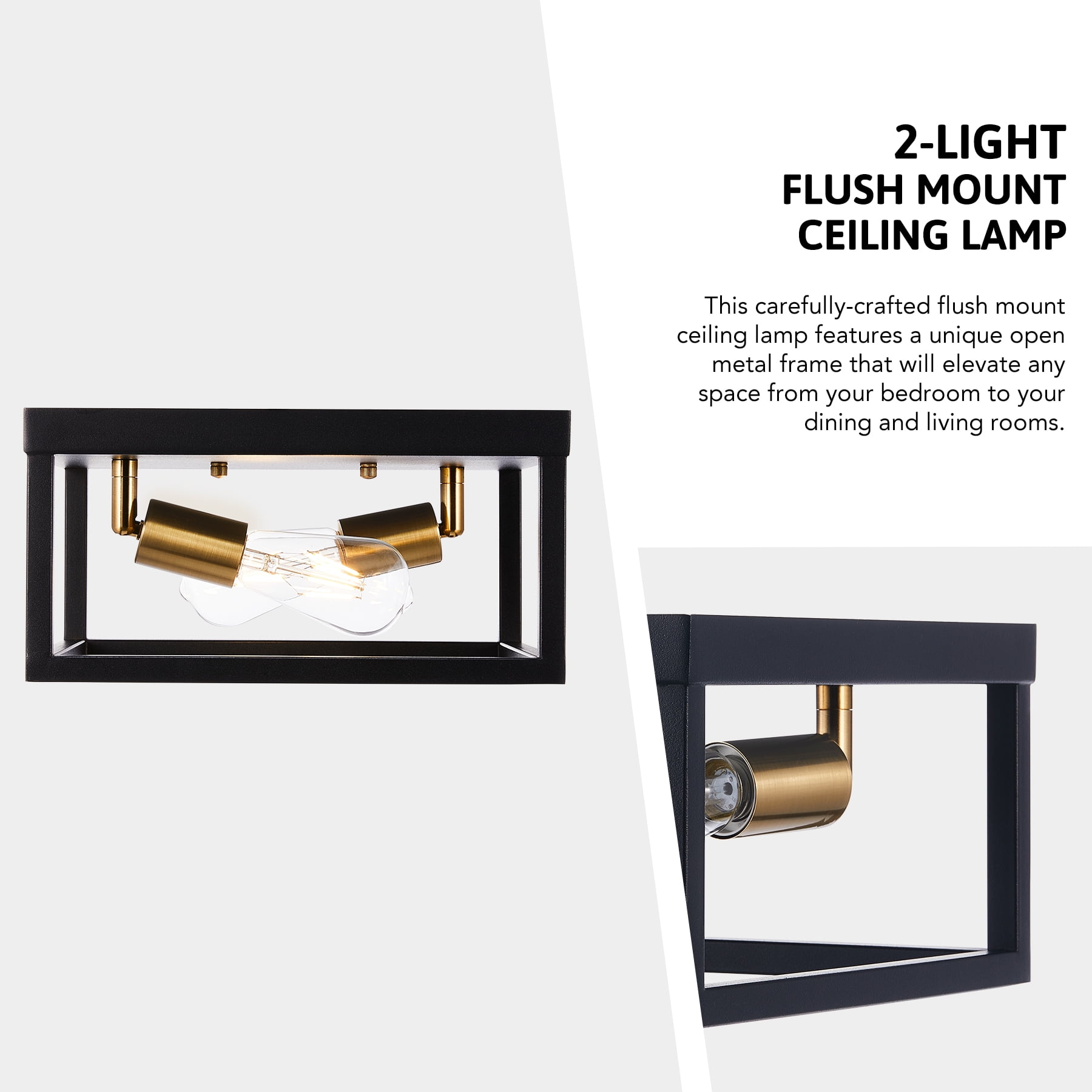 Modern 2-Bulb Industrial Flush Mount Ceiling Light, Box Frame, Black ...