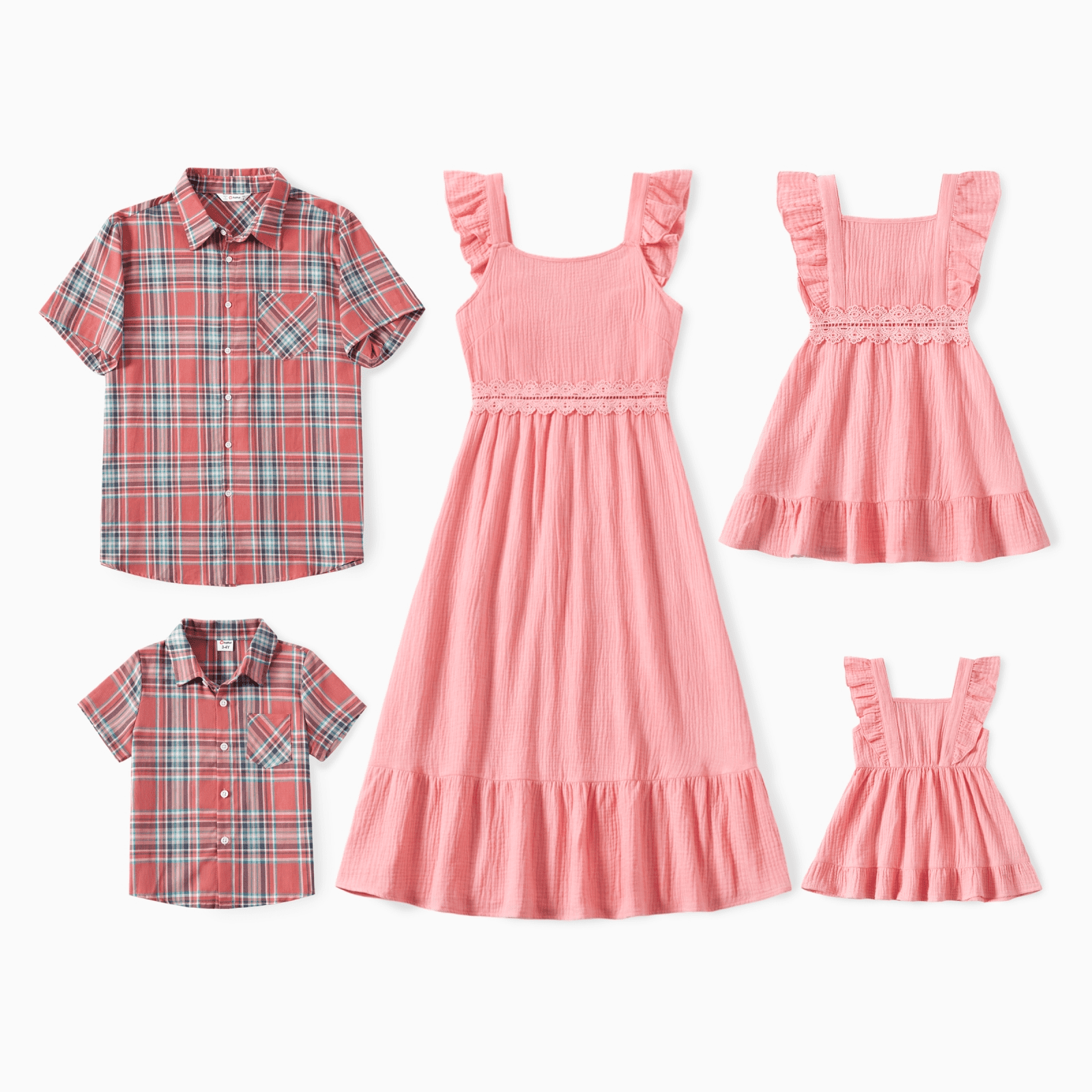PatPat Family Matching Plaid Shirt and Pink Cotton Shirred Back Lace ...