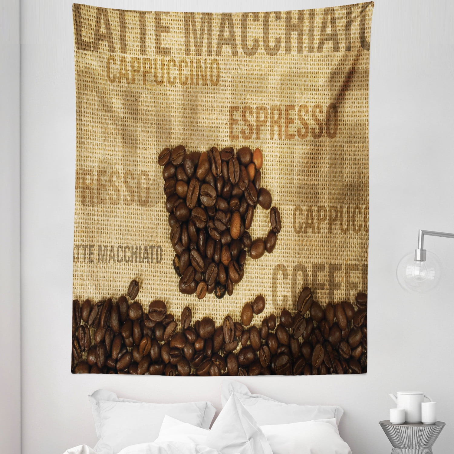Brown Tapestry, Coffee Beans Shaped in Mug and Coffee Types Letterings ...