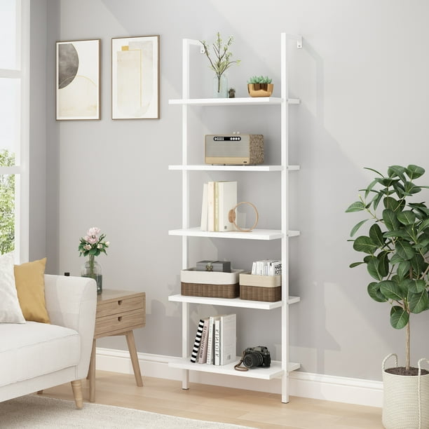 Ktaxon 5-Shelf Modern Bookshelf, Wall Mounted Wood Ladder Bookcase with ...