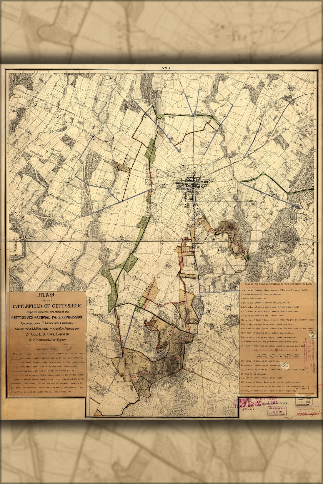 24"x36" Gallery Poster, Map of the battle field of Gettysburg 1898 ...