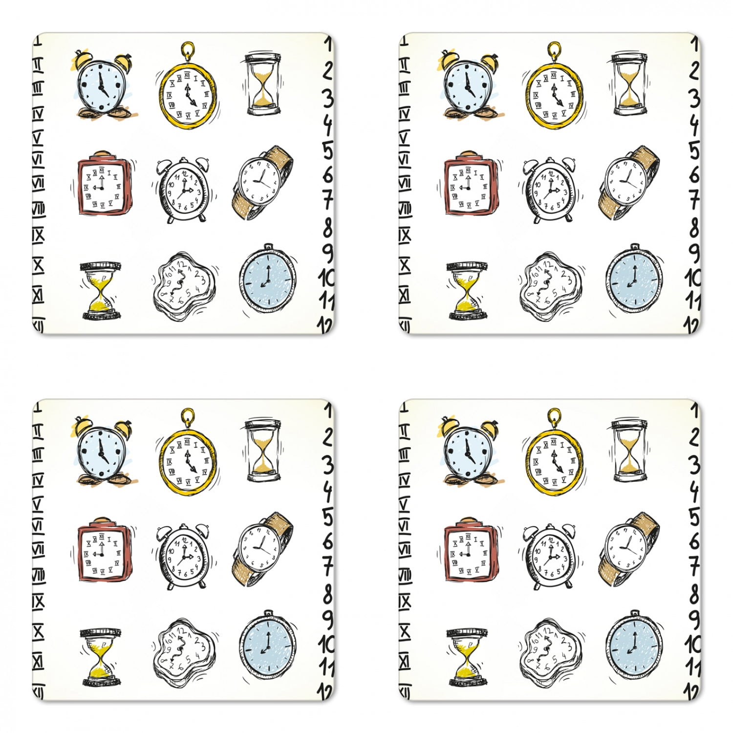 Clock Coaster Set of 4, Assortment of Vintage Watchesd Doodled Clocks ...